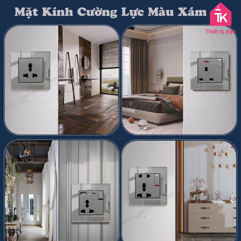 Ổ Cắm Điện USB Sạc Âm Tường Mặt Kính Cường Lực Chống Va Đập Màu Xám ...